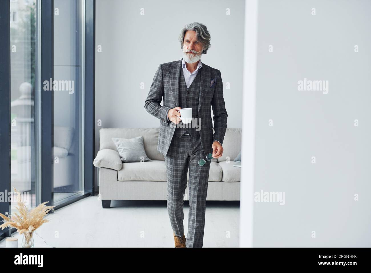 Standing in the room. Senior stylish modern man with grey hair and ...