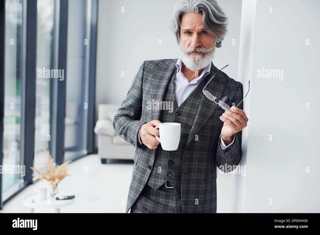 Standing in the room. Senior stylish modern man with grey hair and ...