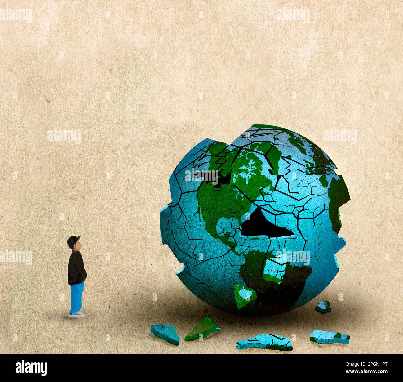 Little boy looking at planet Earth breaking down Stock Photo - Alamy