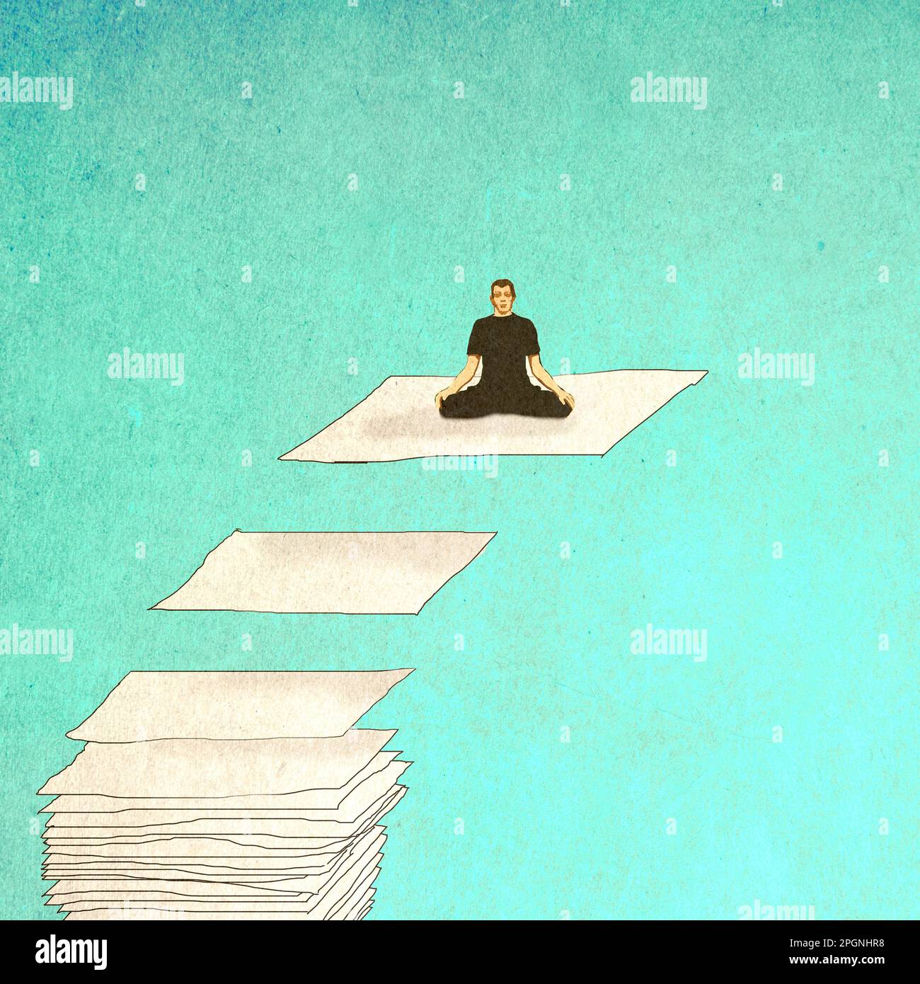 Man meditating on floating sheet of paper Stock Photo - Alamy
