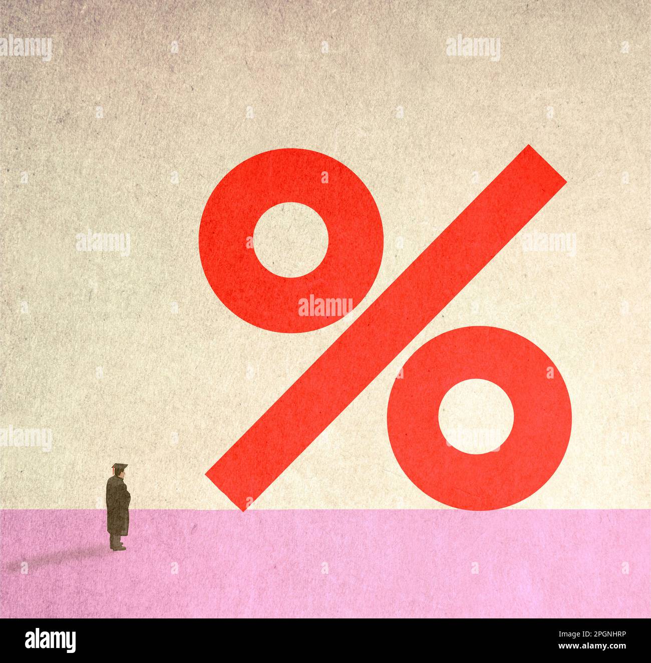 Graduate standing in front of large percentage sign Stock Photo - Alamy