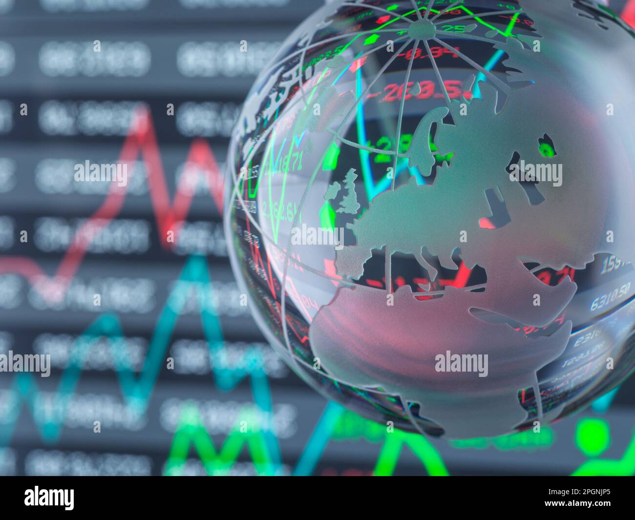 Glass globe with graphs and data in background Stock Photo - Alamy