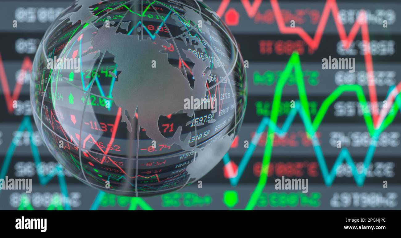 Reflection of graph and financial numbers on glass globe Stock Photo ...