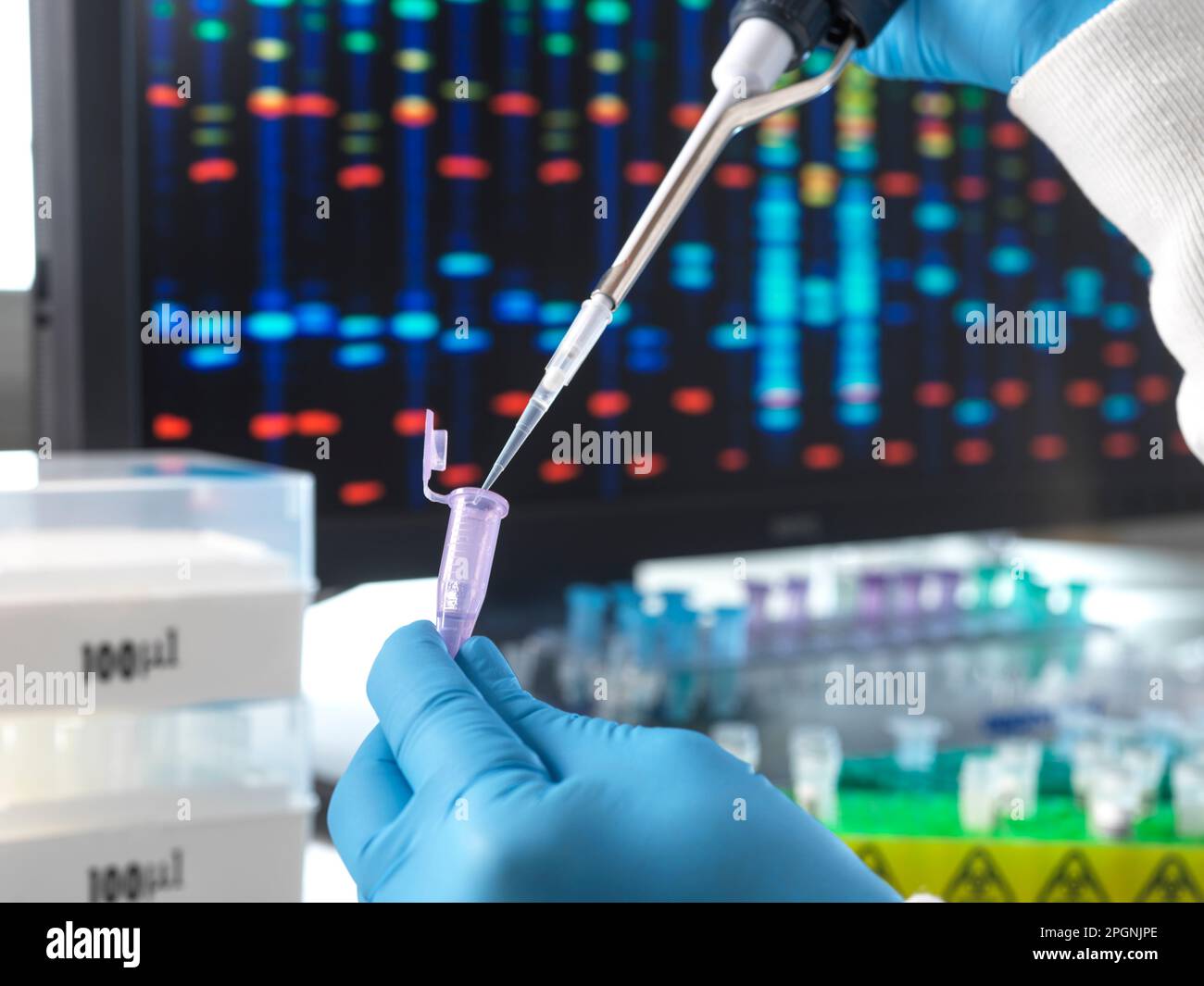 Scientist pouring DNA sample through pipette in test tube Stock Photo ...