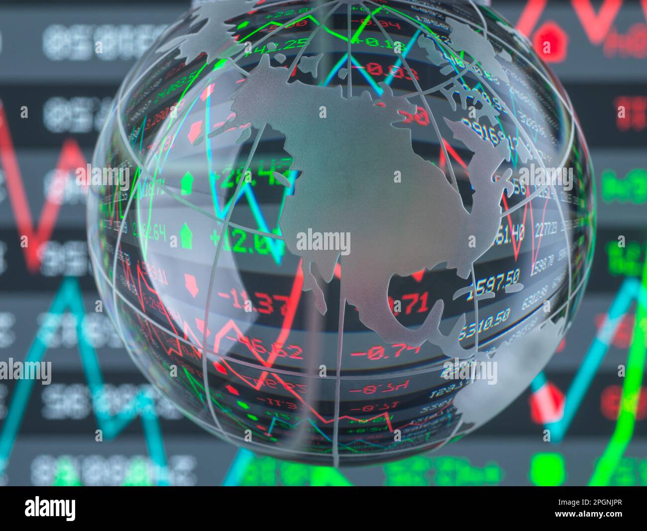 Reflection of financial numbers and graph on glass globe Stock Photo ...
