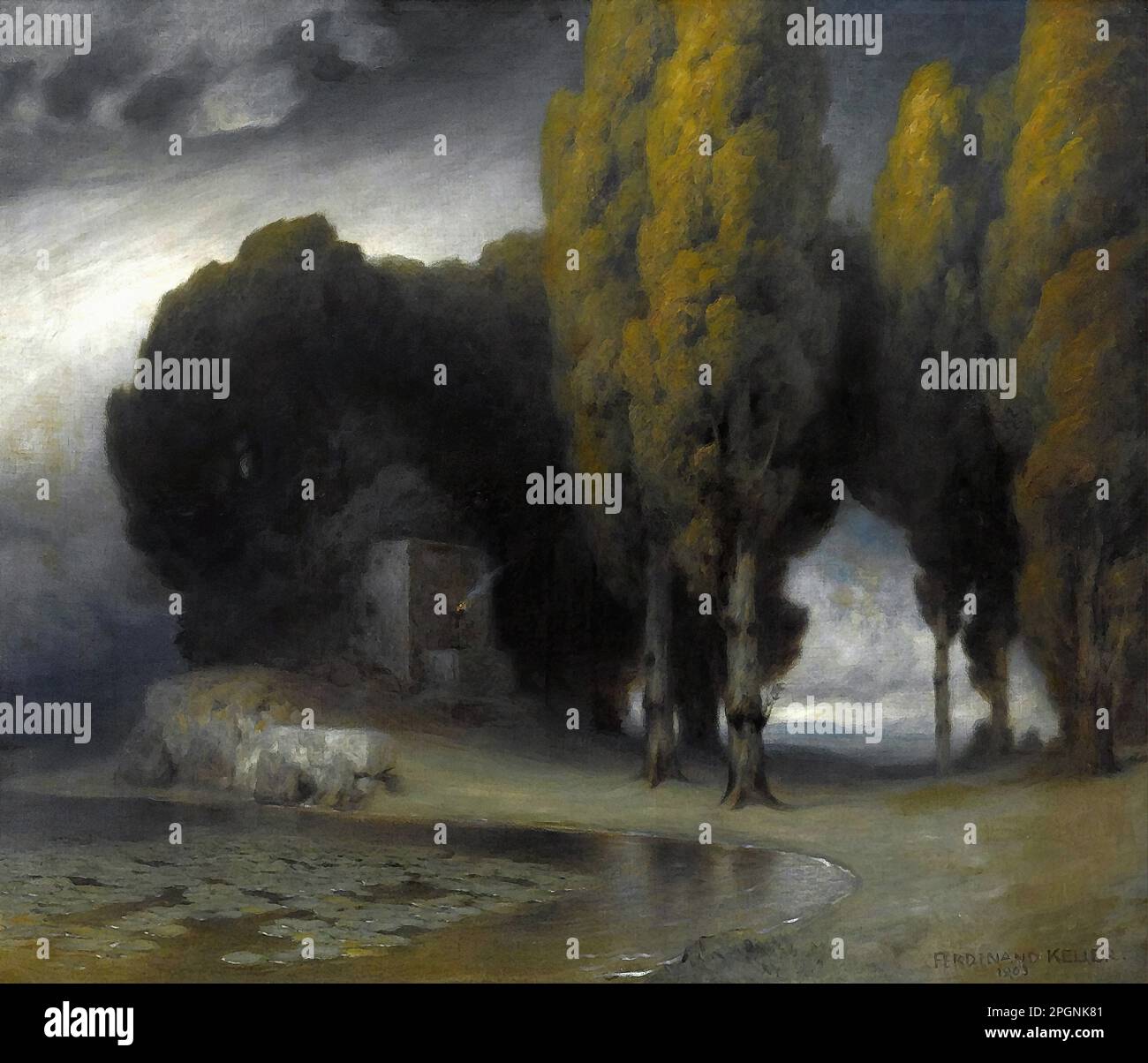 Keller Ferdinand - Böcklin's grave (shore landscape. A tomb in the ...