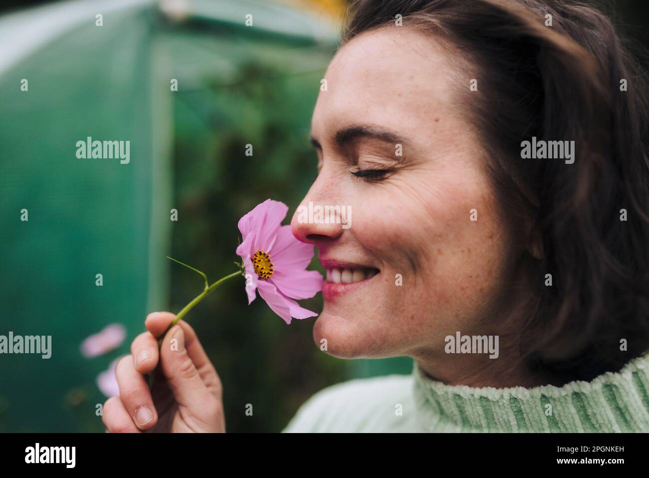 Happy woman smelling pink flower Stock Photo - Alamy