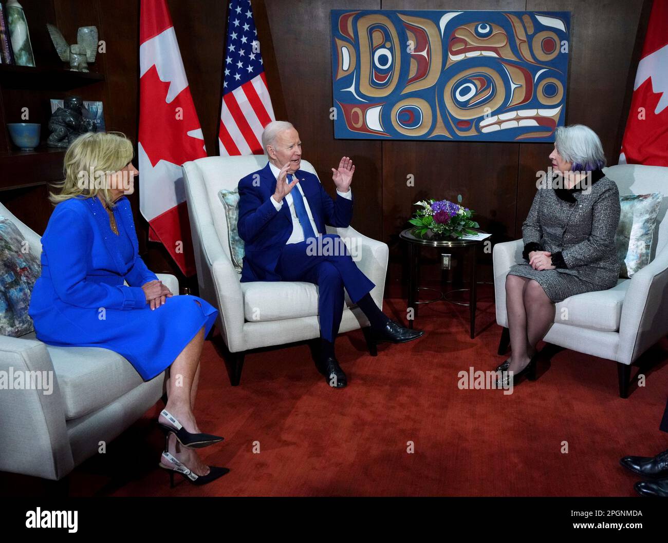 President Joe Biden speaks as he and first lady Jill Biden, left, meet ...