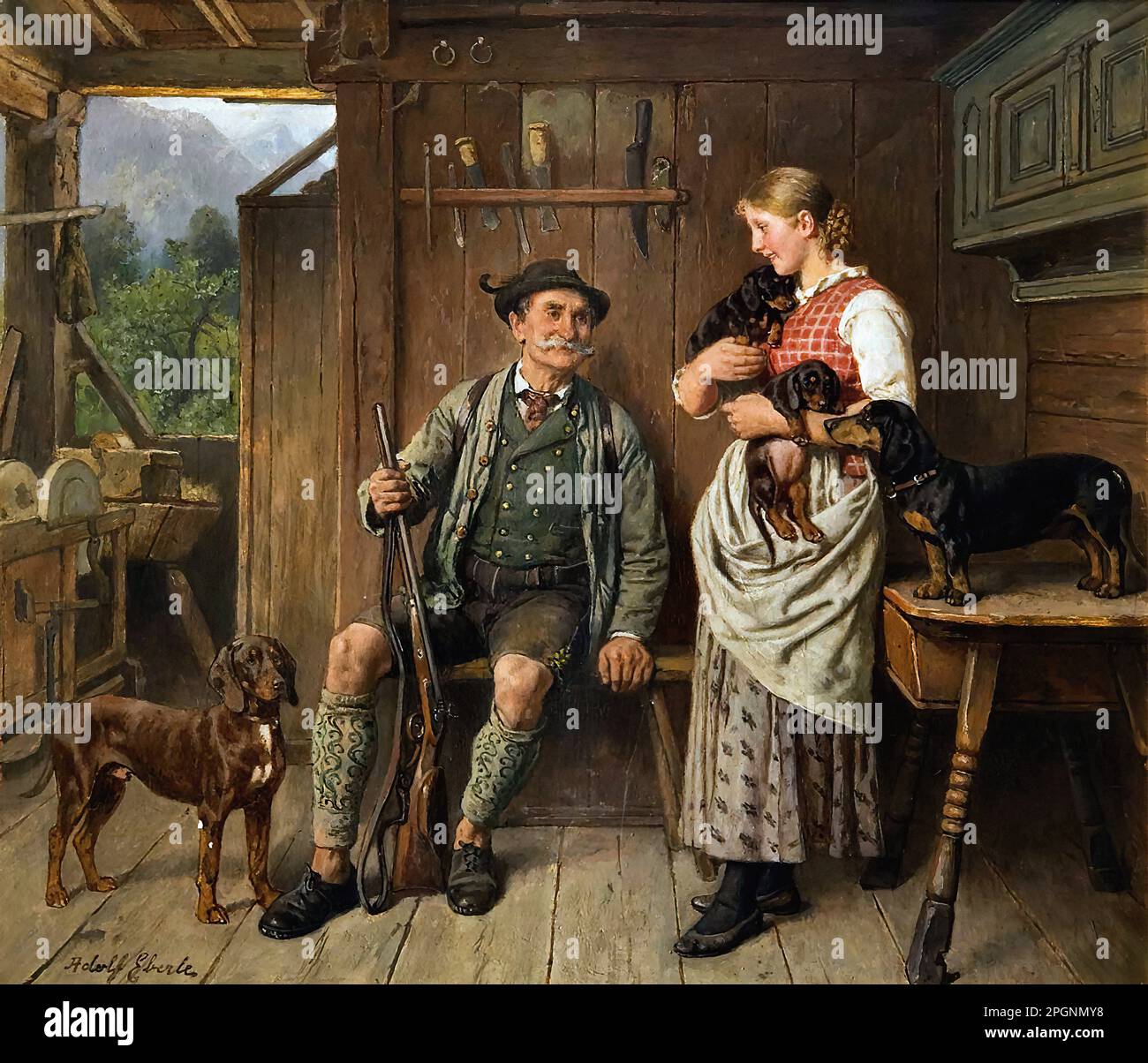Eberle Adolf - Dirndl Hunter And Dachshund Family In The Interior ...