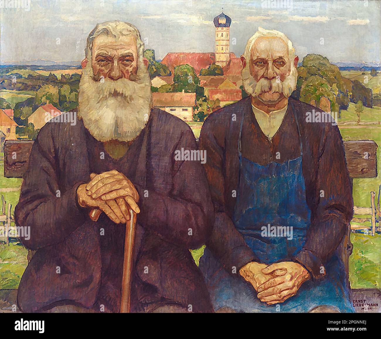 Liebermann Ernst - Portrait of two old men on a bench - German School ...