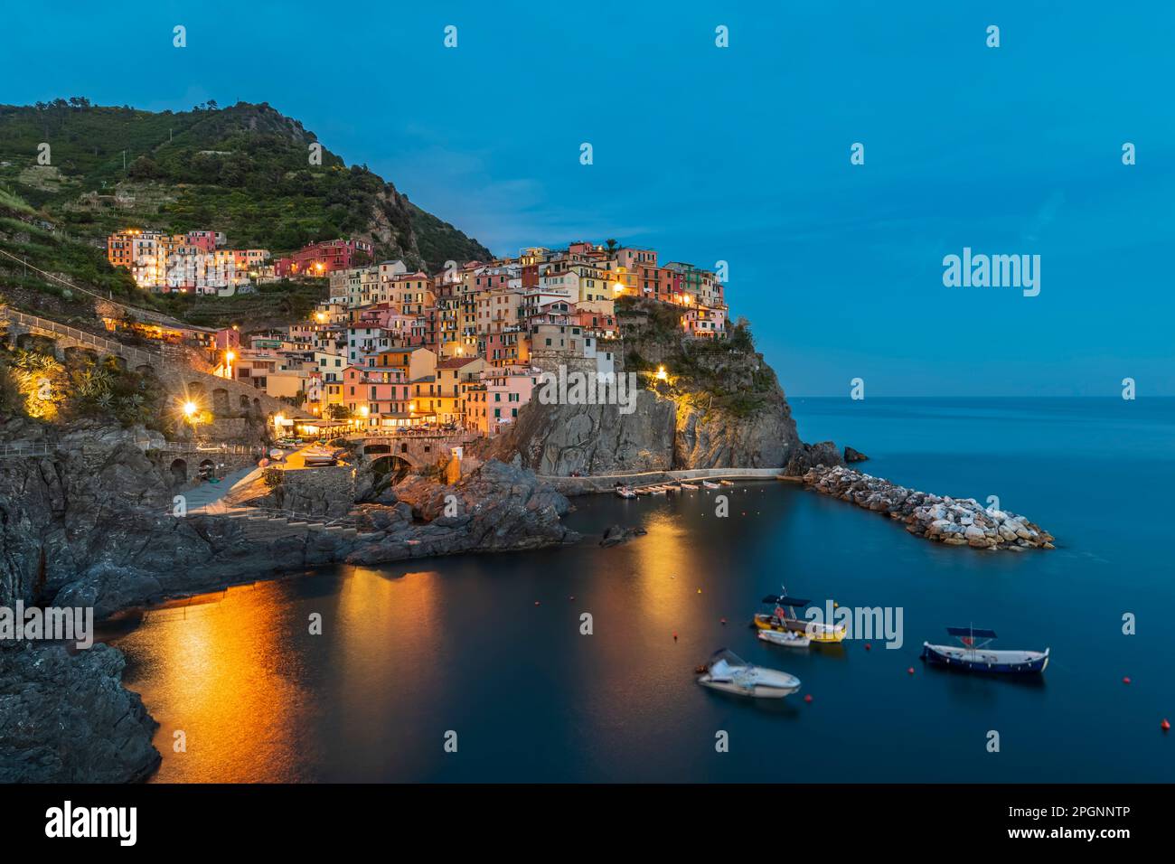 Italy, La Spezia, Manarola, View of coastal village in Cinque Terre at ...