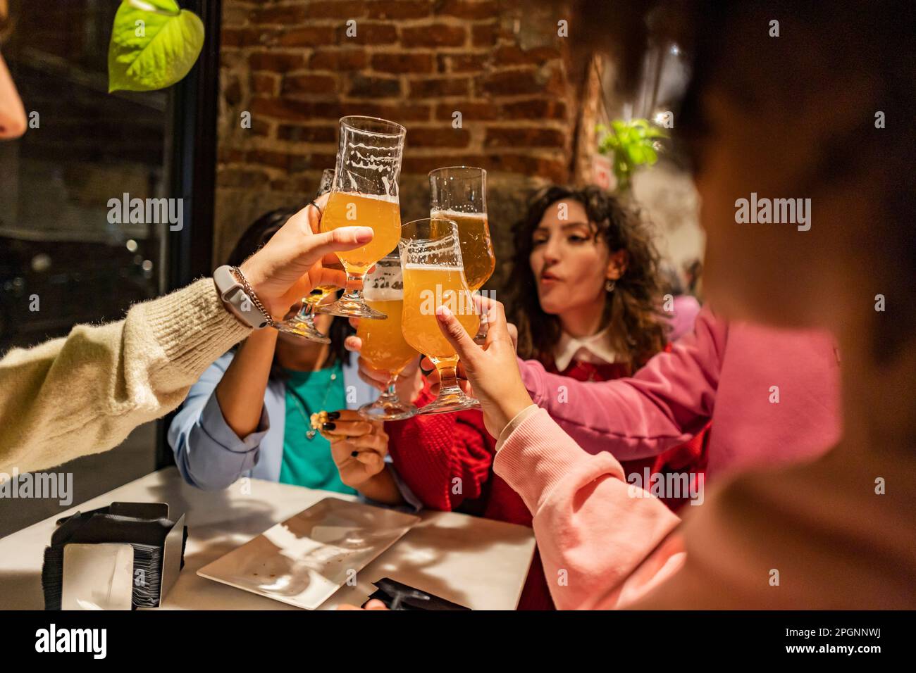 Happy friends restaurant dinner beer hi-res stock photography and ...