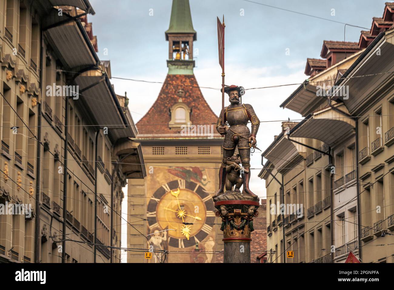 Switzerland, Bern Canton, Bern, Schutzenbrunnen fountain with clock ...