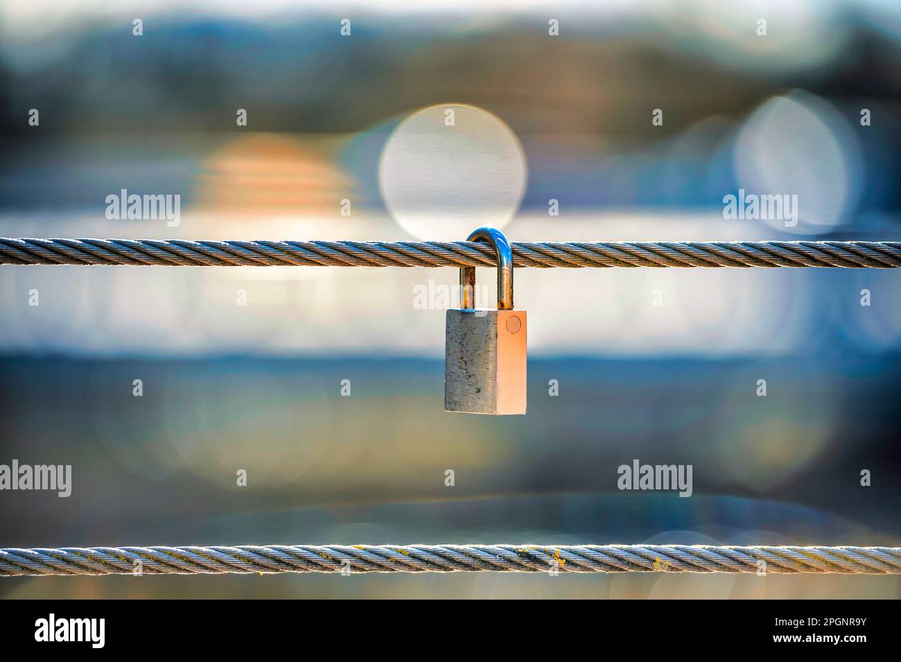 Padlock hanging on steel cable Stock Photo - Alamy