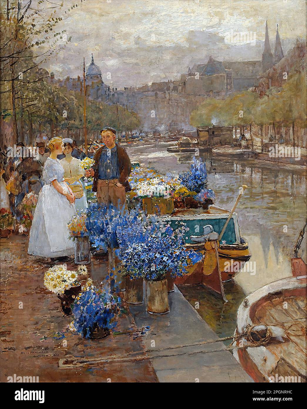 Herrmann Hans - Flower Market in Amsterdam - German School - 19th ...