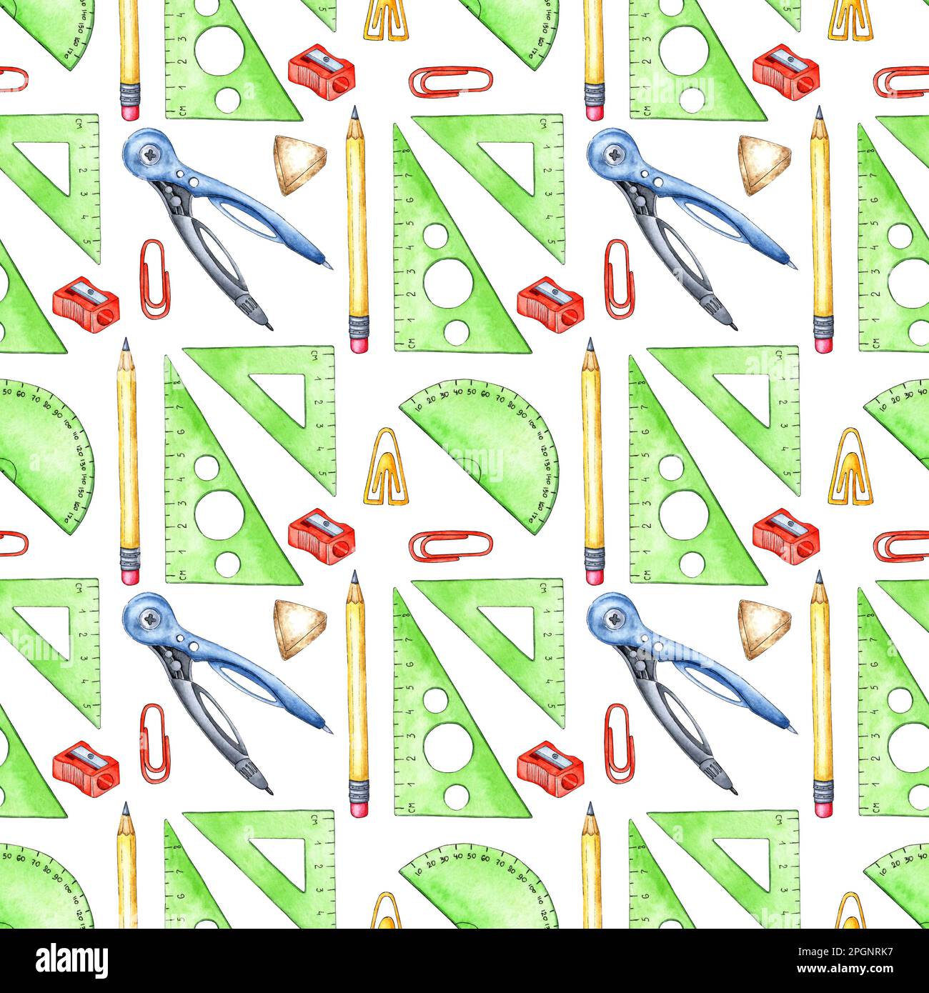 Watercolor illustration of ruler pattern, simple pencil, compasses ...