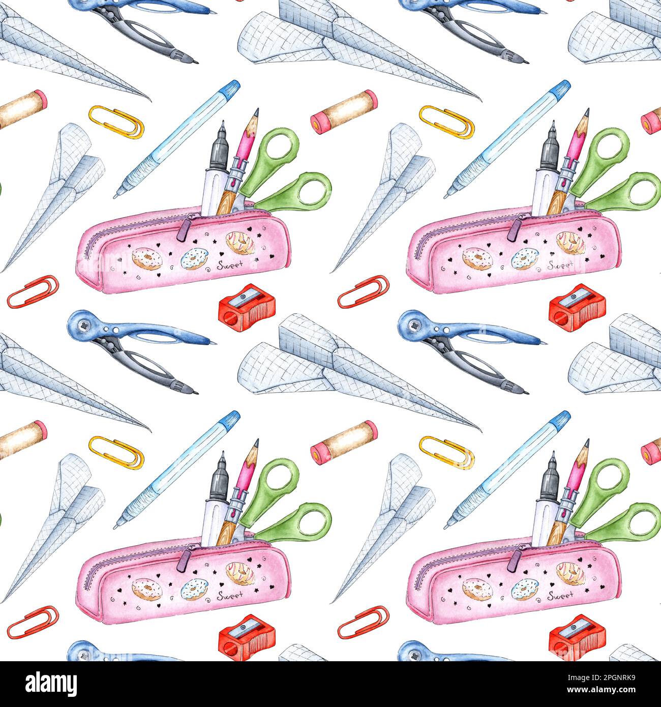 Watercolor illustration of office seamless pattern, school supplies ...