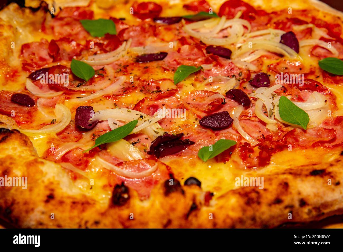 Traditional Brazilian pepperoni sausage pizza with onion, black olives ...