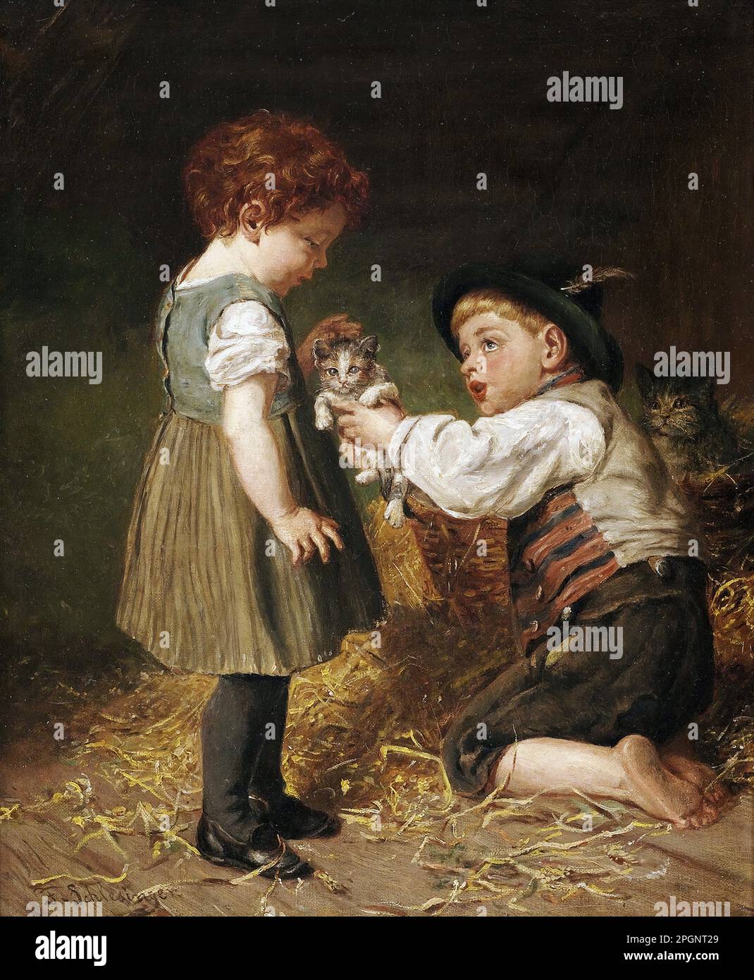 Schlesinger Felix - Two children with kittens in the stable - German ...