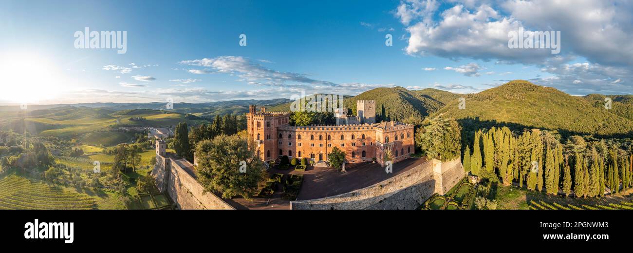 Italy, Tuscany, San Regolo, Aerial view of Castello di Brolio and ...