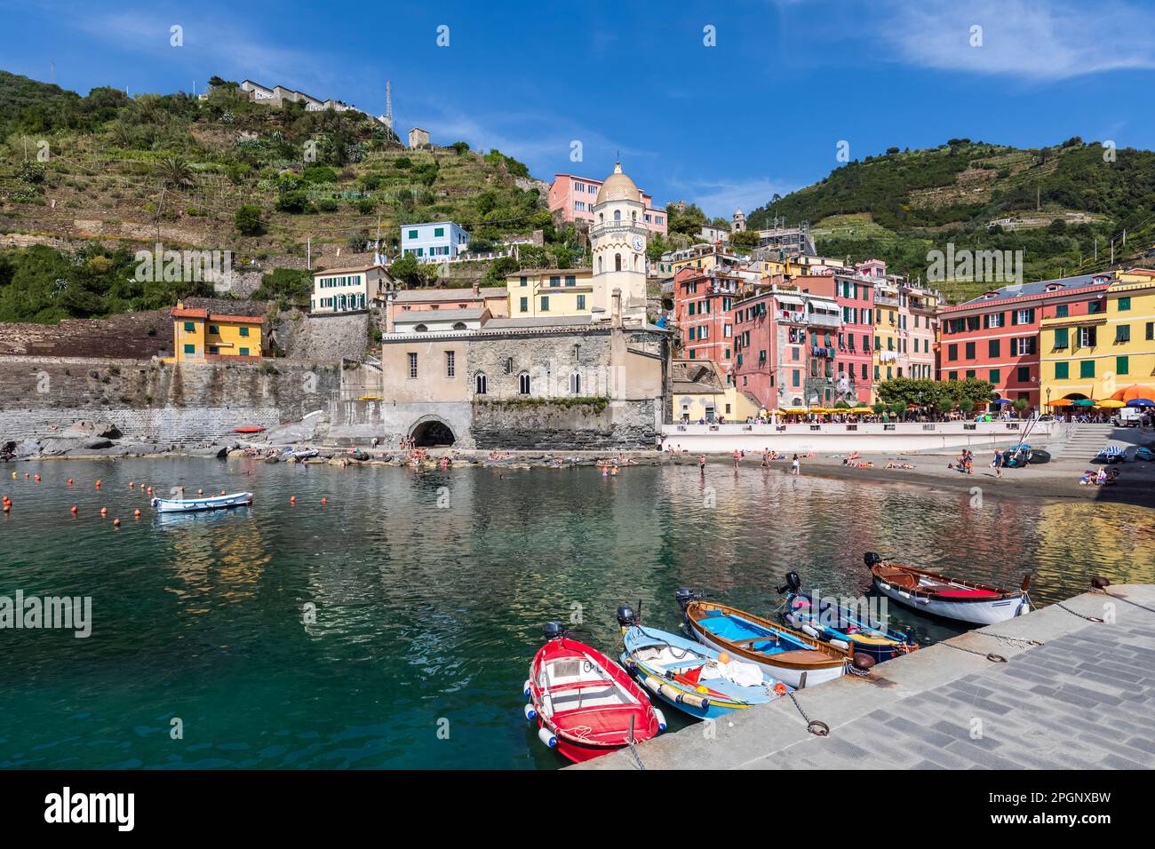 Italy, Liguria, Vernazza, Edge of coastal town along Cinque Terre Stock ...