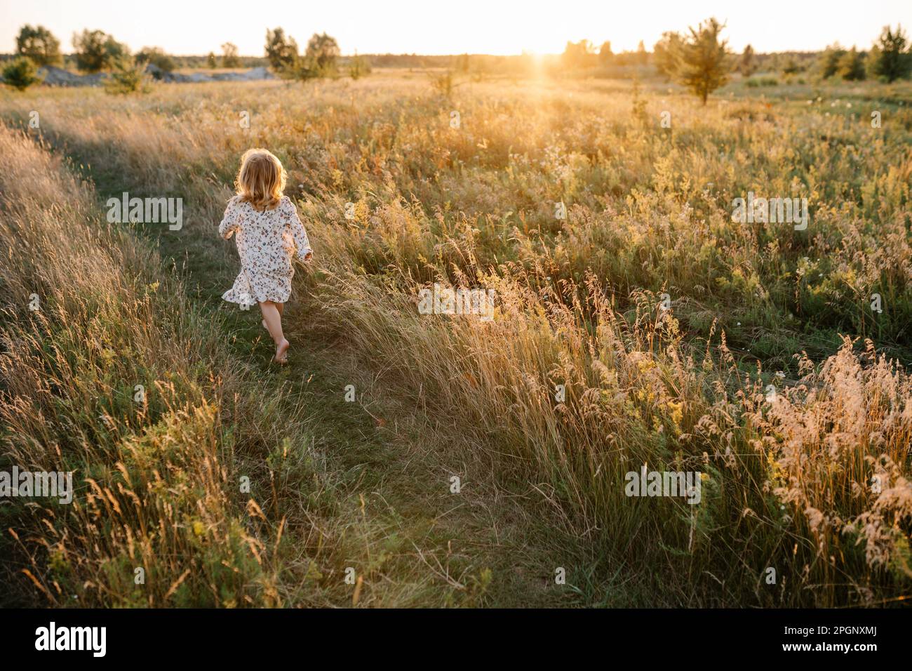 Carefree girl running in field on summer evening Stock Photo - Alamy