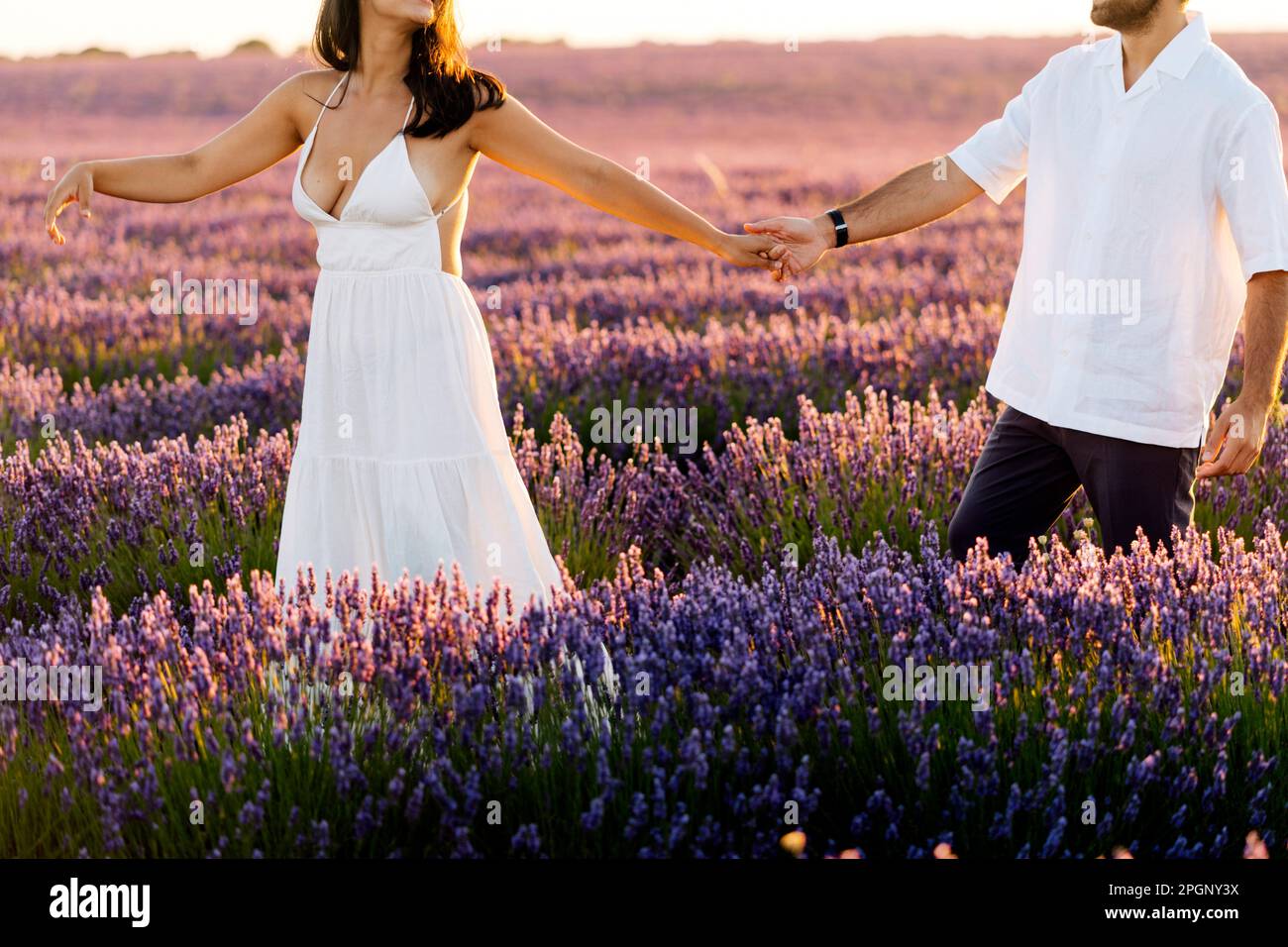 Man and woman holding hands and walking in lavender field Stock Photo ...