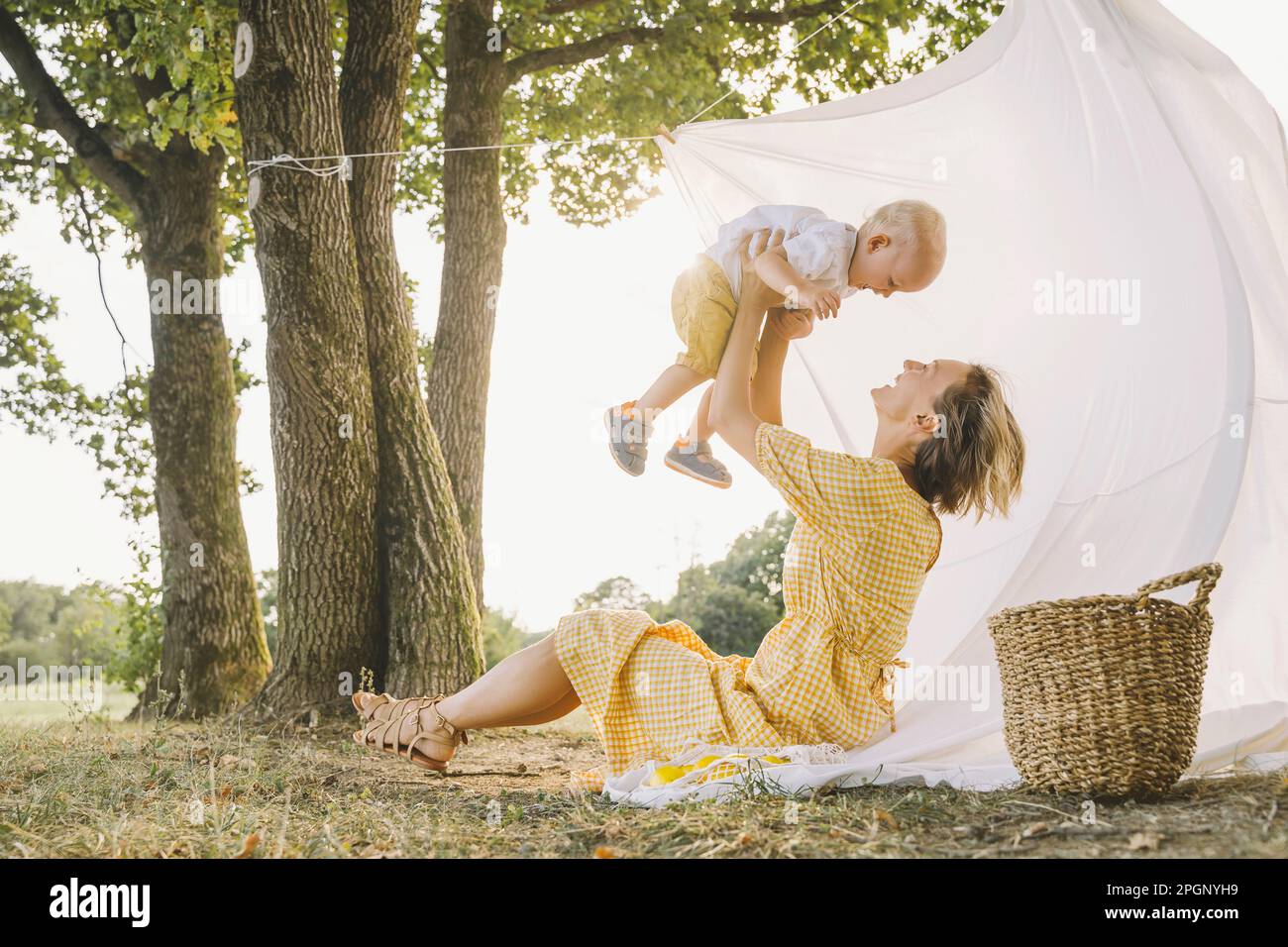 Happy woman lifting son under tree at park Stock Photo - Alamy