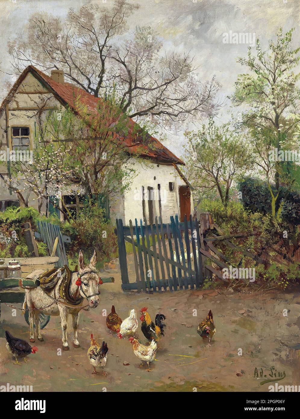 Lins Adolf - Rural Idyll with Donkey and Poultry - German School - 19th ...