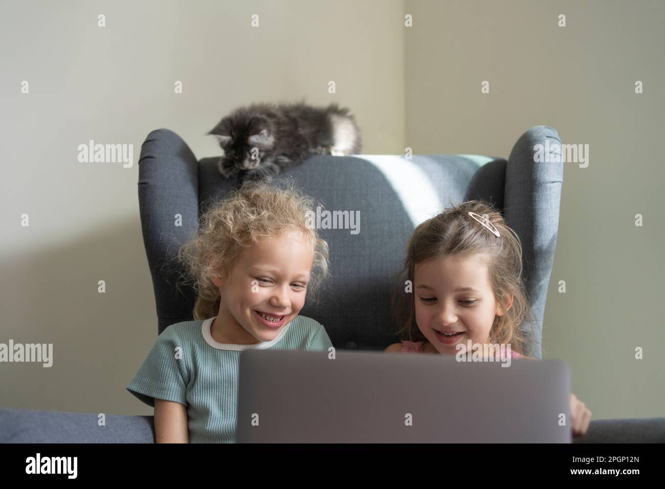 Happy girls watching laptop at home Stock Photo - Alamy