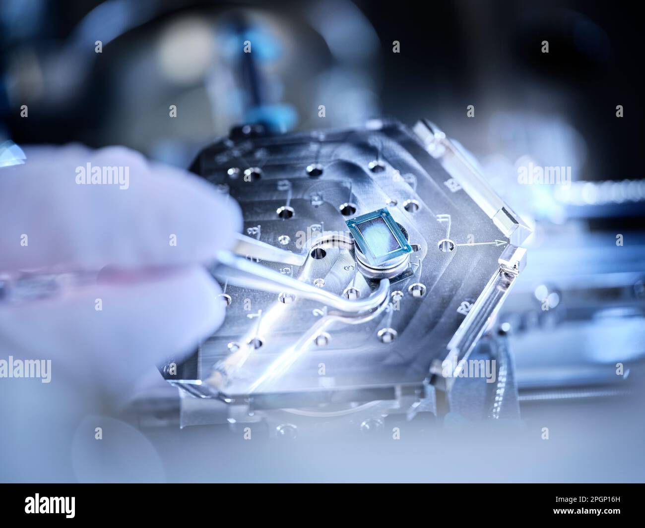 Electronic chip on silver colored semiconductor in laboratory Stock ...