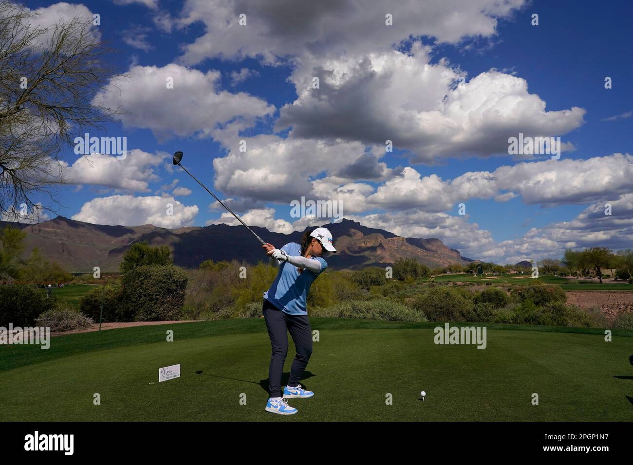 Alison Lee hits from the 15th tee during the first round of the Drive ...