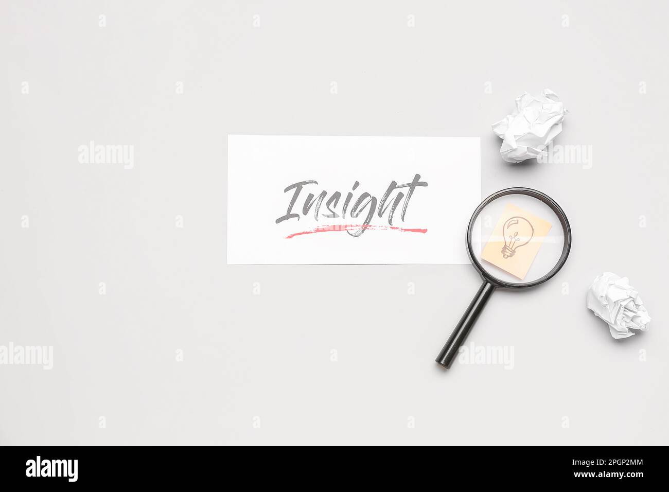 Word INSIGHT, crumpled paper, magnifier and drawn light bulb on light ...