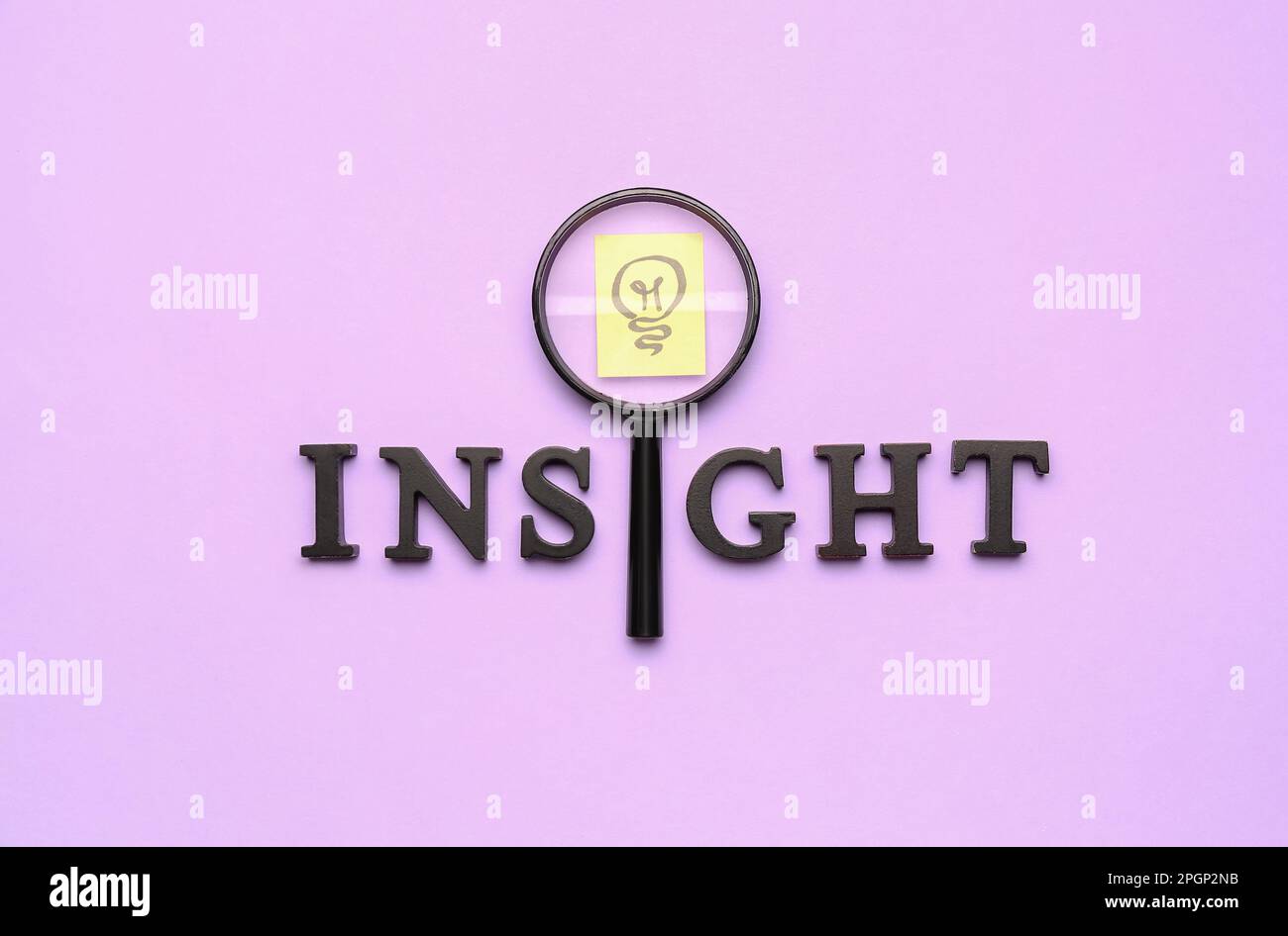 Word INSIGHT with magnifier and drawn light bulb on lilac background ...