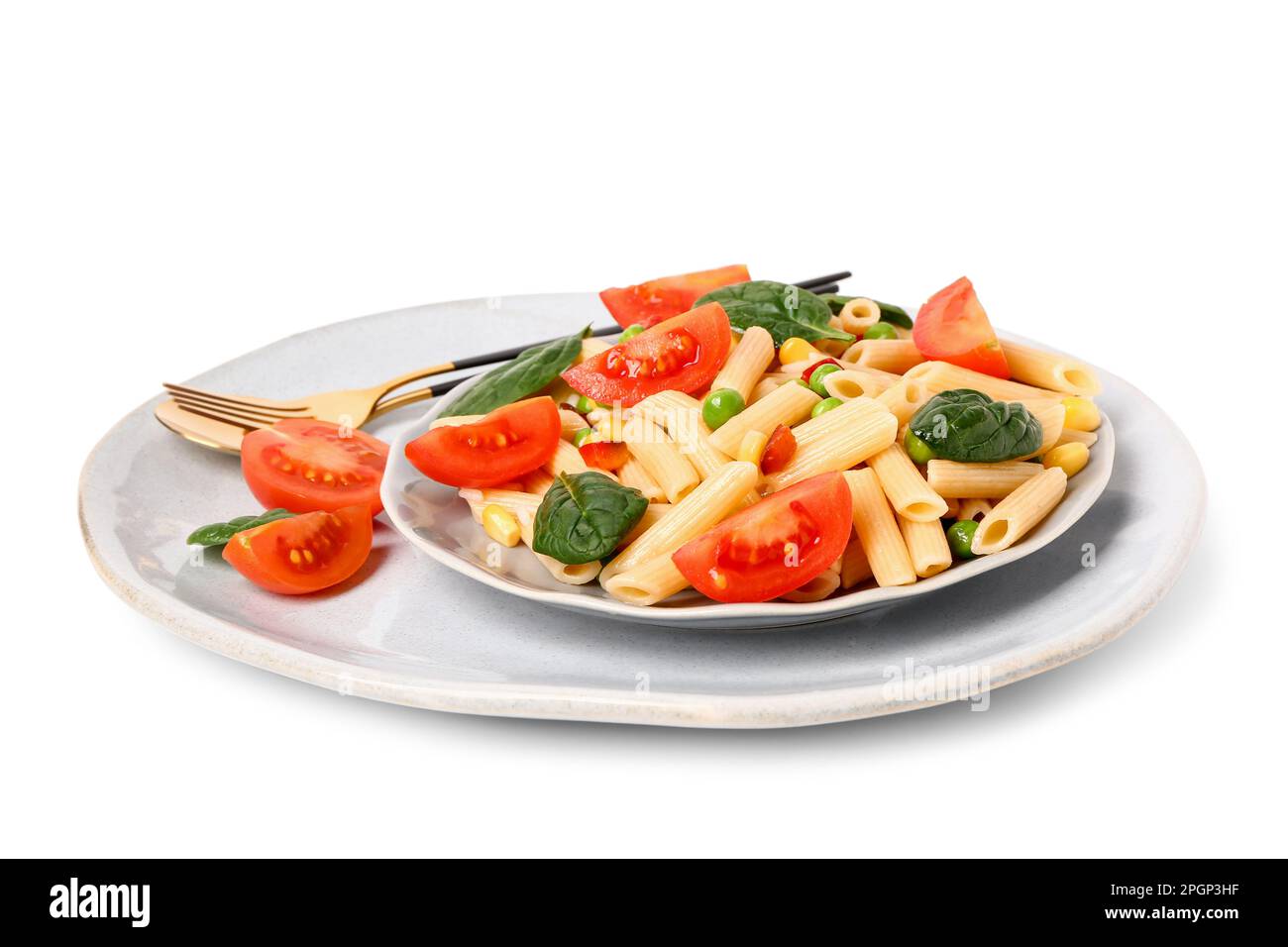 Plate with tasty pasta salad on white background Stock Photo - Alamy