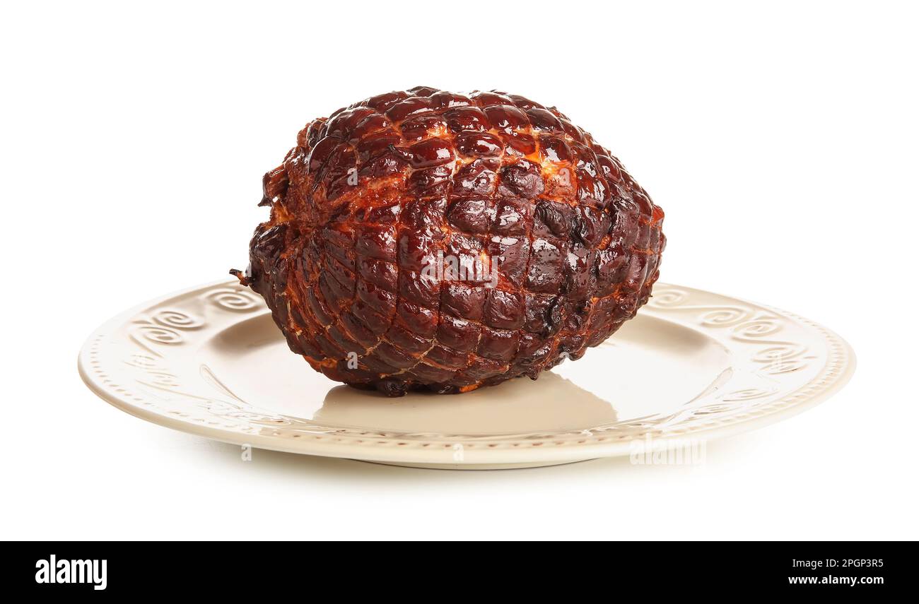 Plate with tasty smoked ham isolated on white background Stock Photo ...