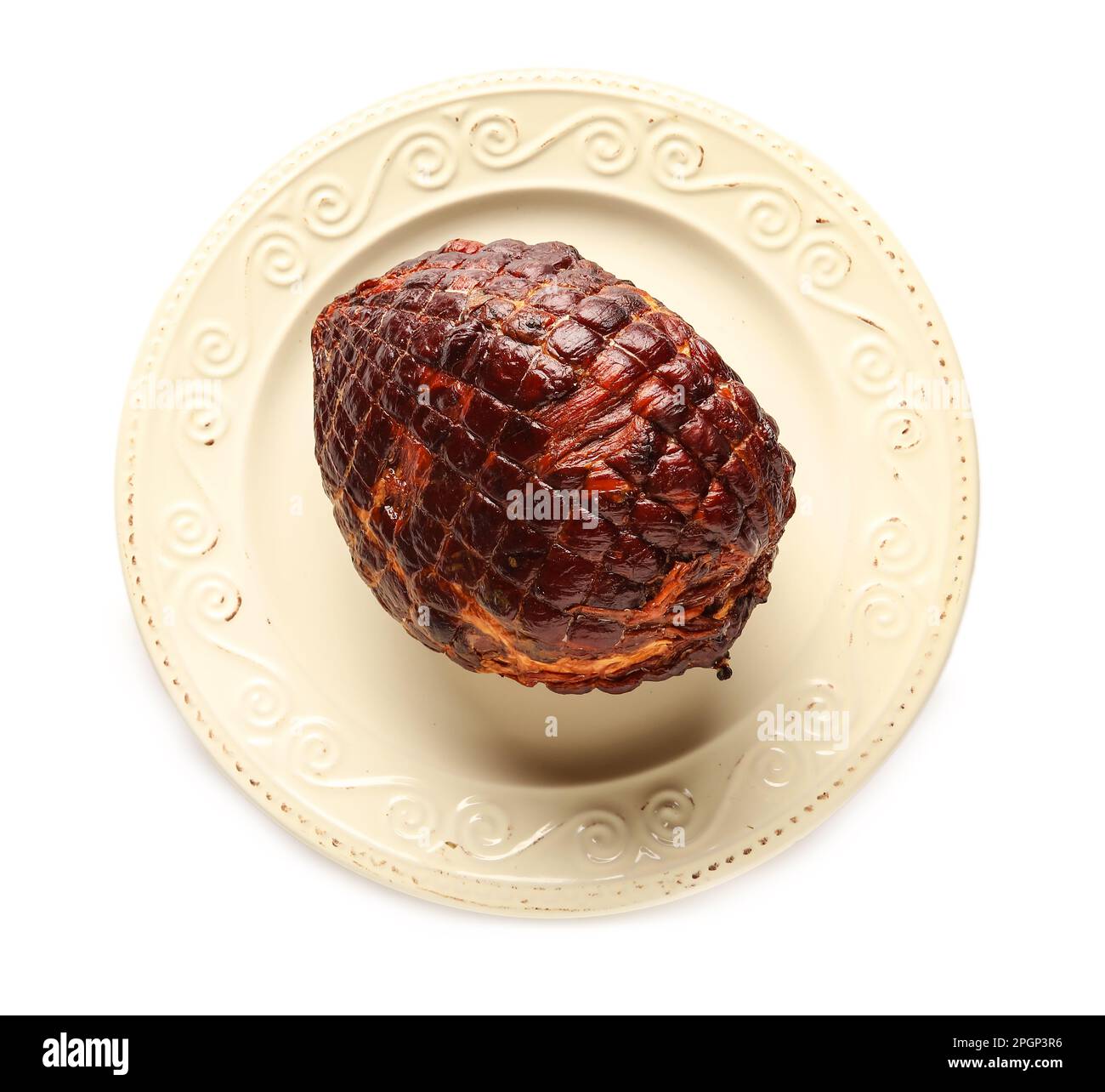 Plate with tasty smoked ham isolated on white background Stock Photo ...