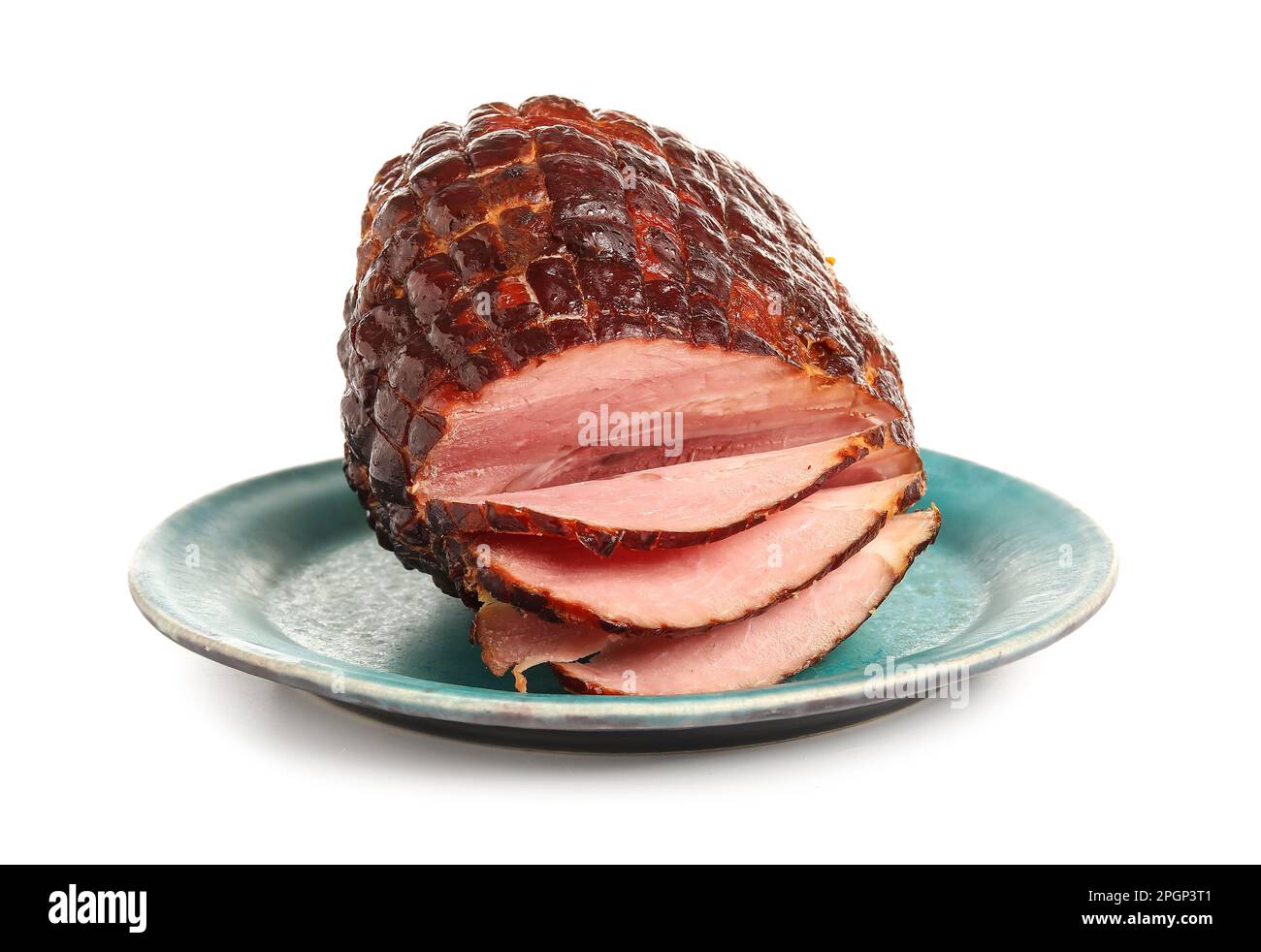 Plate with tasty smoked ham isolated on white background Stock Photo ...