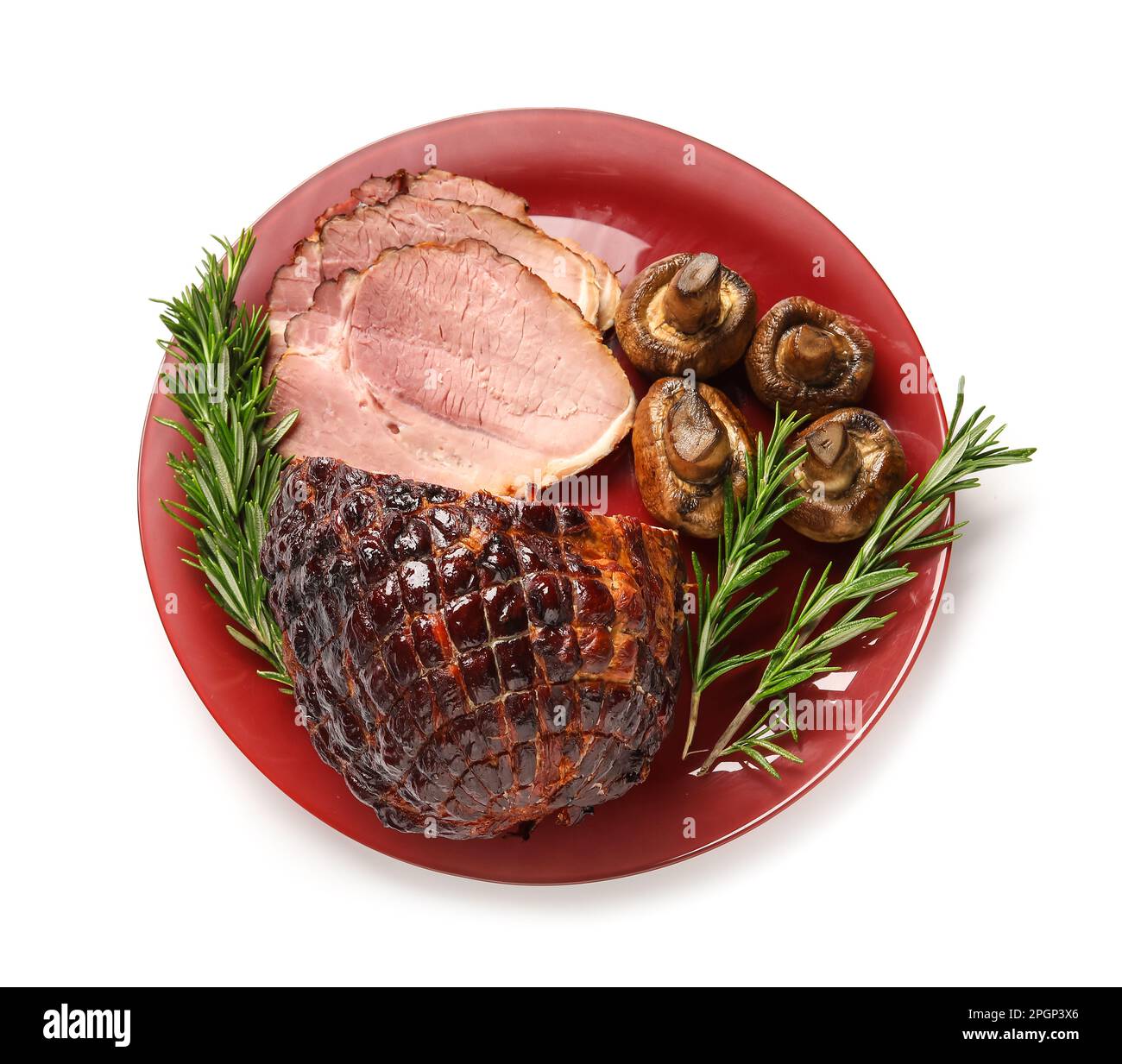 Plate with tasty smoked ham and grilled mushrooms isolated on white ...