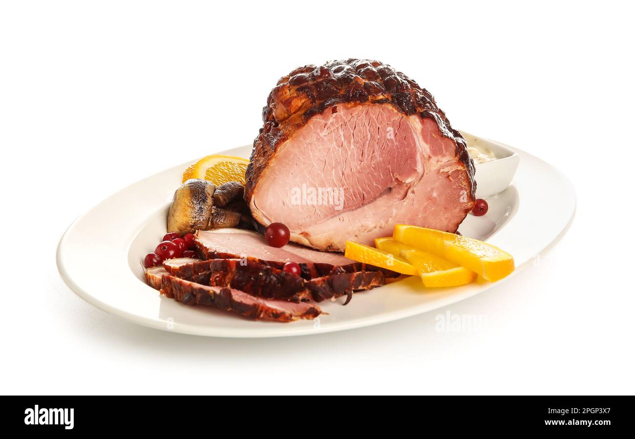 Plate with tasty smoked ham isolated on white background Stock Photo ...