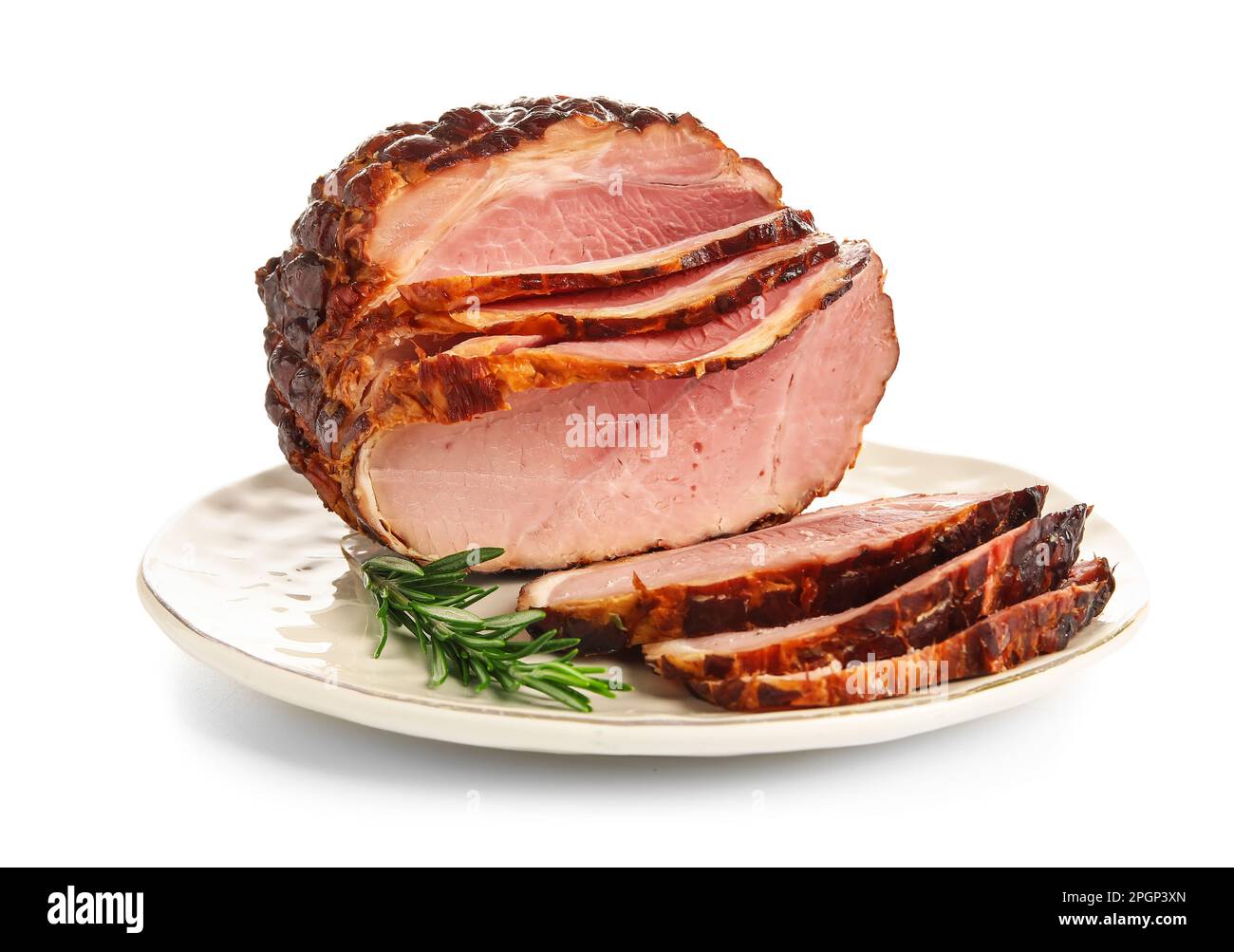 Plate with tasty smoked ham isolated on white background Stock Photo ...
