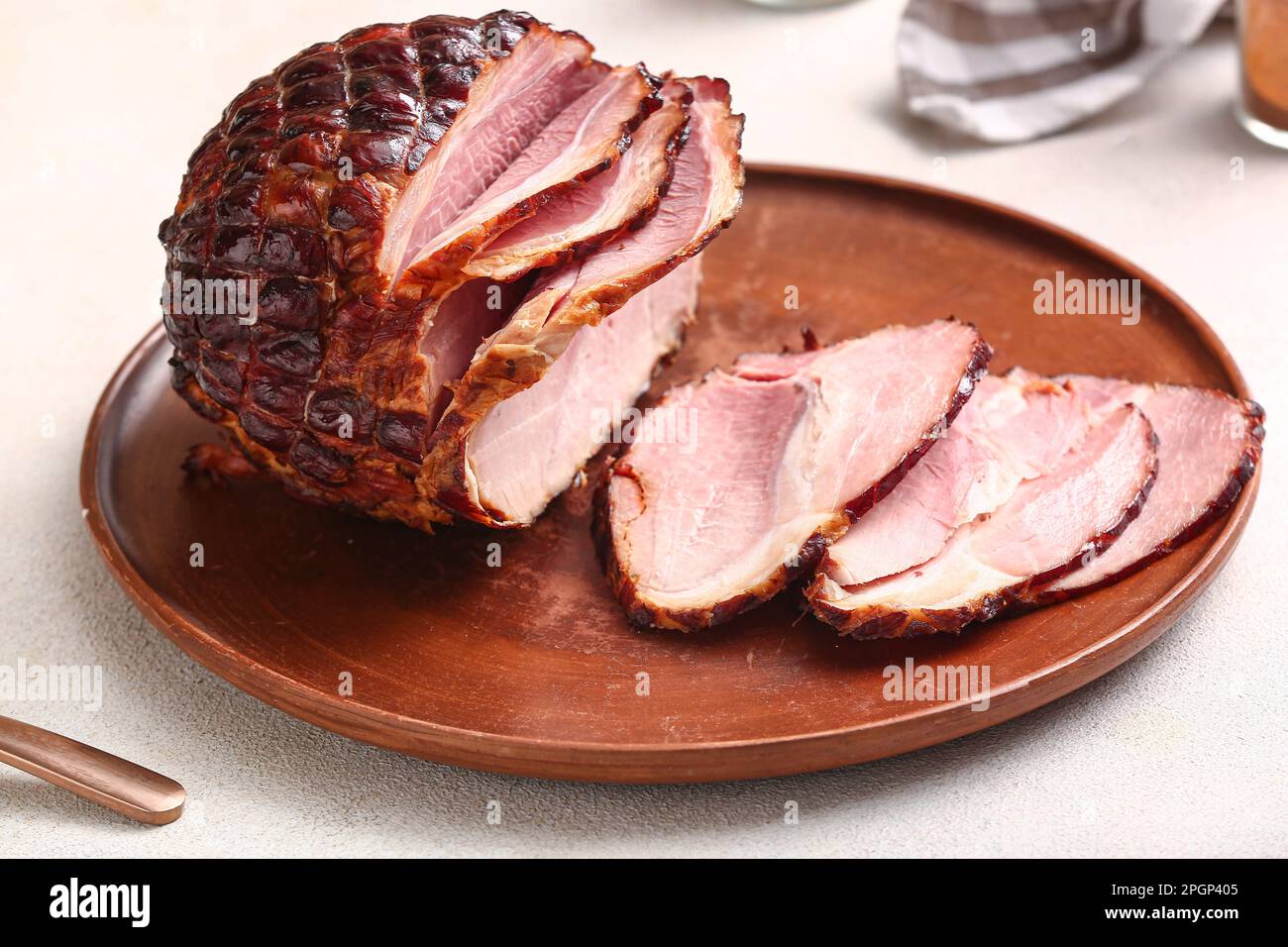 Plate with tasty smoked ham on white background Stock Photo - Alamy