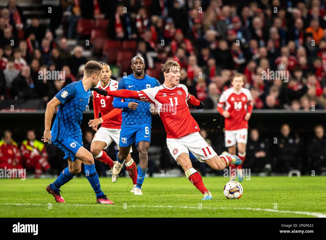 Copenhagen, Denmark. 23rd Mar, 2023. Rasmus Hojlund (11) of Denmark ...