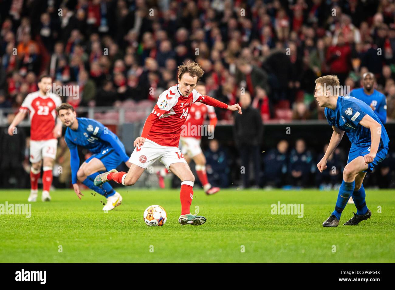 Copenhagen, Denmark. 23rd Mar, 2023. Mikkel Damsgaard (14) of Denmark ...