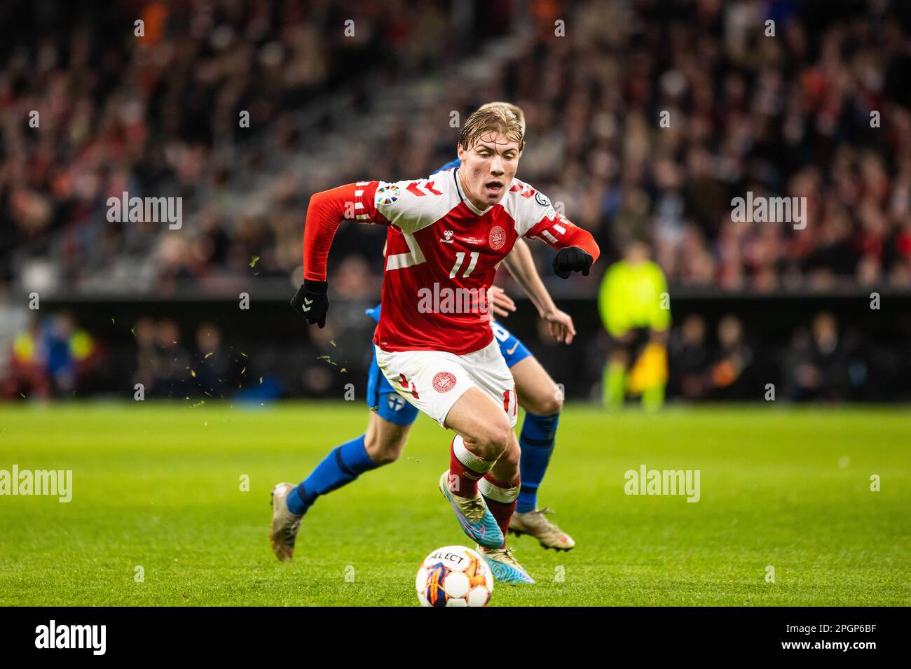 Copenhagen, Denmark. 23rd Mar, 2023. Rasmus Hojlund (11) of Denmark ...