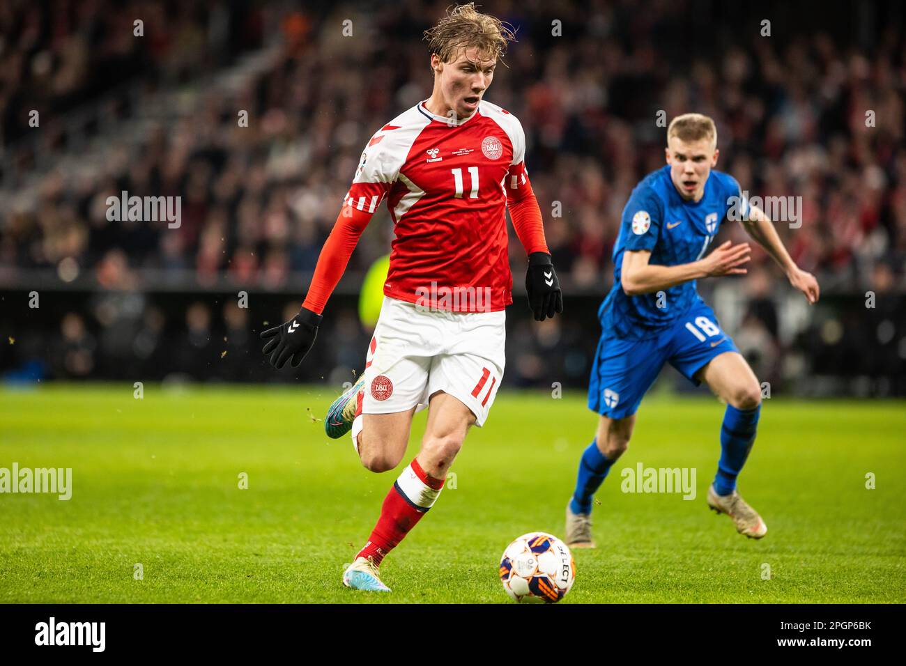 Copenhagen, Denmark. 23rd Mar, 2023. Rasmus Hojlund (11) of Denmark ...