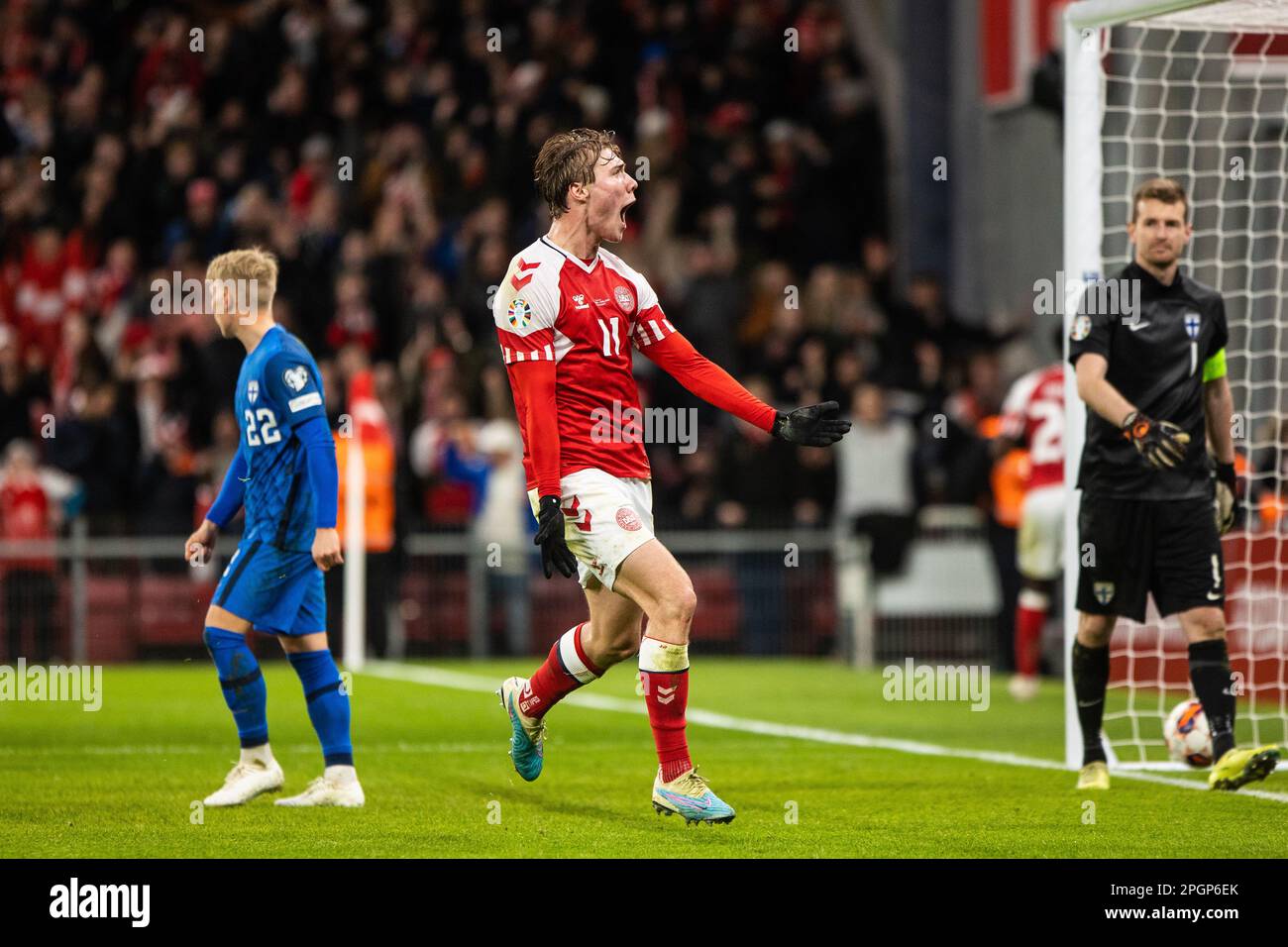 Copenhagen, Denmark. 23rd Mar, 2023. Rasmus Hojlund (11) of Denmark ...