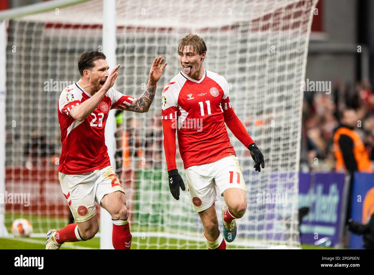 Copenhagen, Denmark. 23rd Mar, 2023. Rasmus Hojlund (11) of Denmark ...