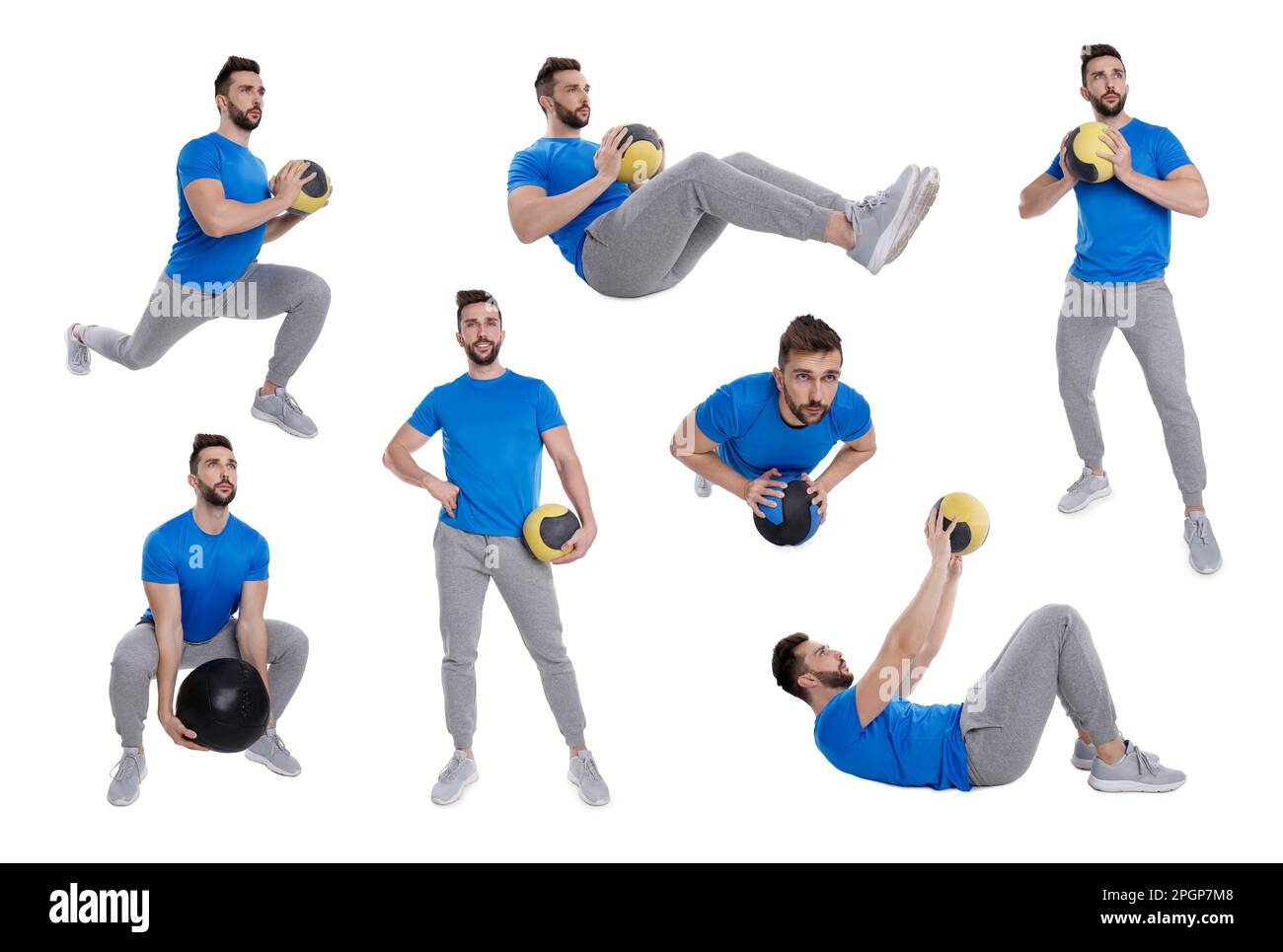 Athletic man doing different exercises with medicine ball on white ...