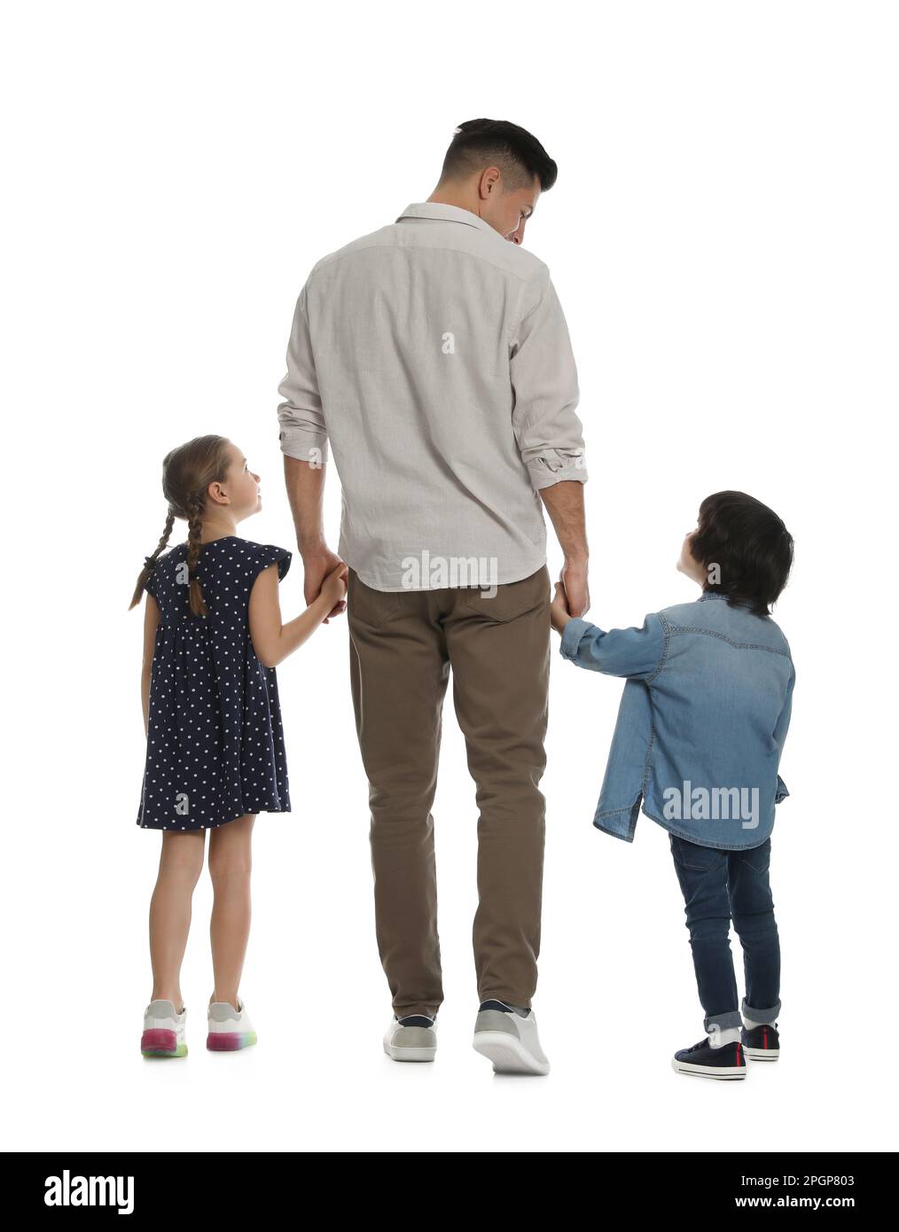 Children with their father on white background, back view Stock Photo ...
